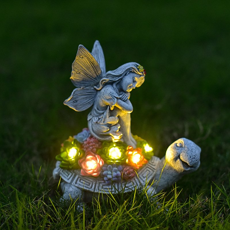 Garden Angel Girl Turtle Statue Outdoor Solar Courtyard Light Resin ...