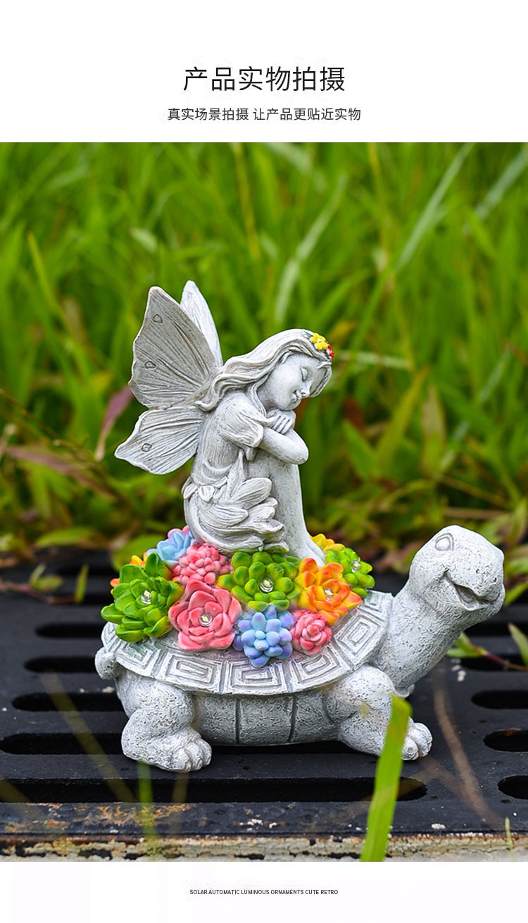 Garden Angel Girl Turtle Statue Outdoor Solar Courtyard Light Resin ...