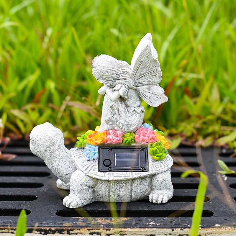 Garden Angel Girl Turtle Statue Outdoor Solar Courtyard Light Resin ...