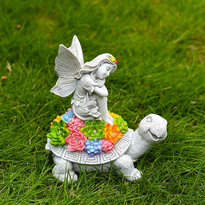 Garden Angel Girl Turtle Statue Outdoor Solar Courtyard Light Resin ...